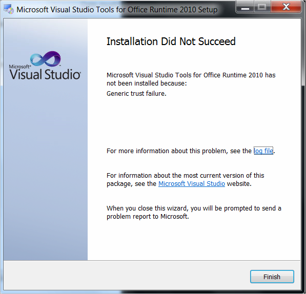 Generic trust failure when installing Visual Studio Tools for Office Runtime 2010 (VSTO)